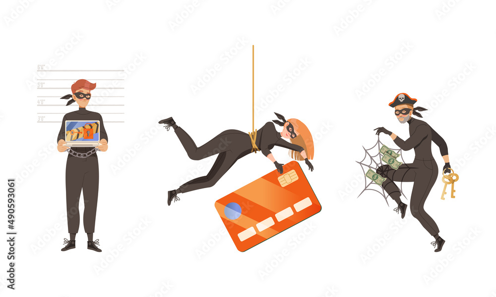 Masked hacker criminals stealing personal data and money. Cybercrime and cybersecurity concept ...