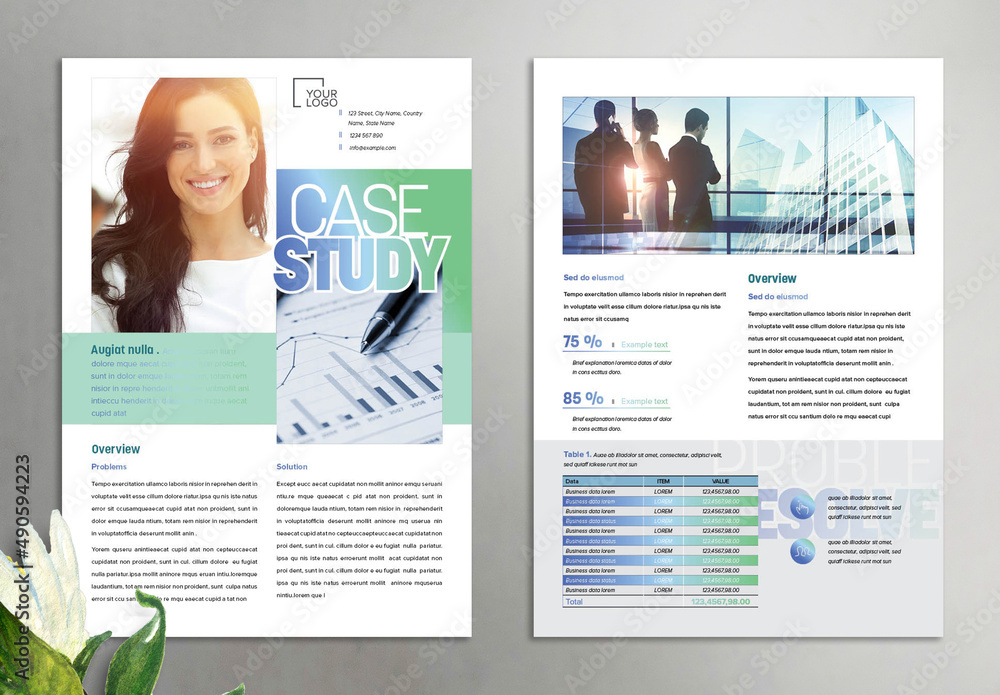 Case Study Layout with Gradient Blue Green Stock Template | Adobe Stock