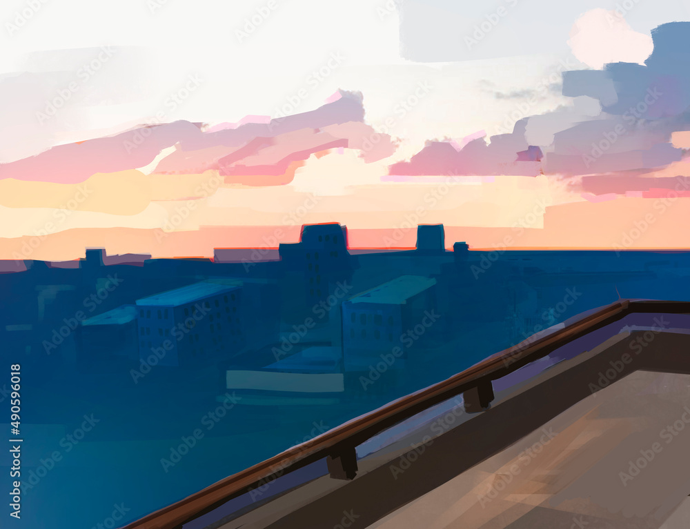 digital drawing of a cityscape during sunset or dawn. houses on the ...