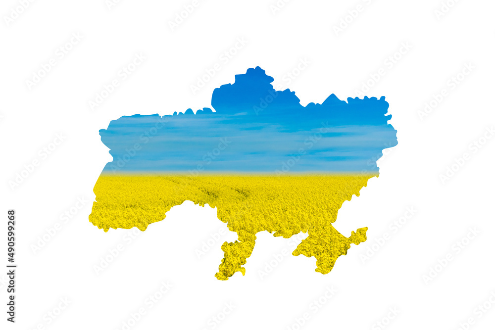 Ukrainian national flag graphic in the shape of Ukrainian map territory ...