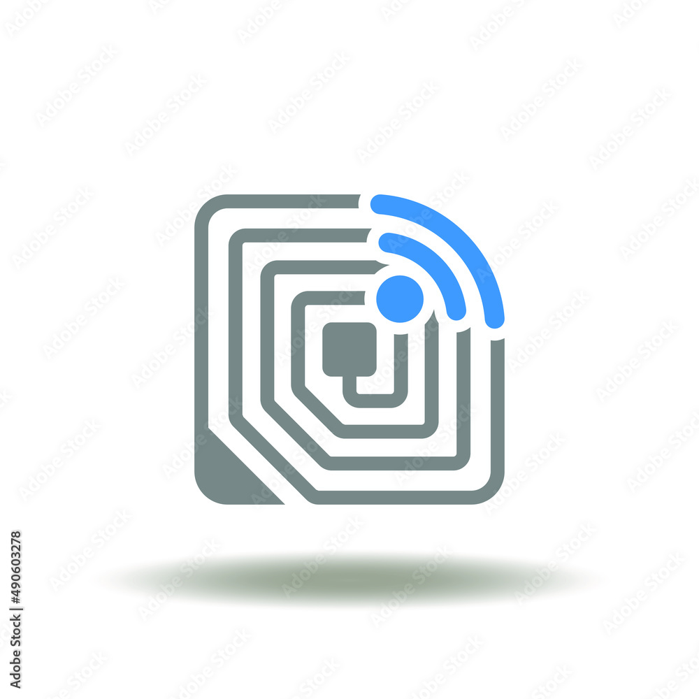 Vector illustration of chip with wireless radio signal. Icon of RFID ...