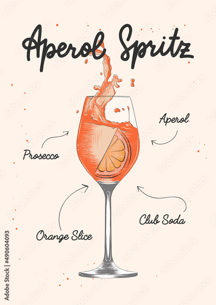Vector engraved style Aperol Spritz alcoholic cocktail illustration for ...