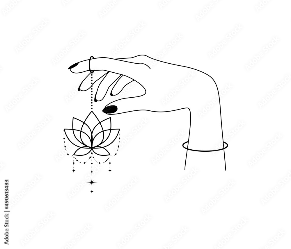 Magic hand with sacred lotus flower line art. Alchemy spiritual tribal ...