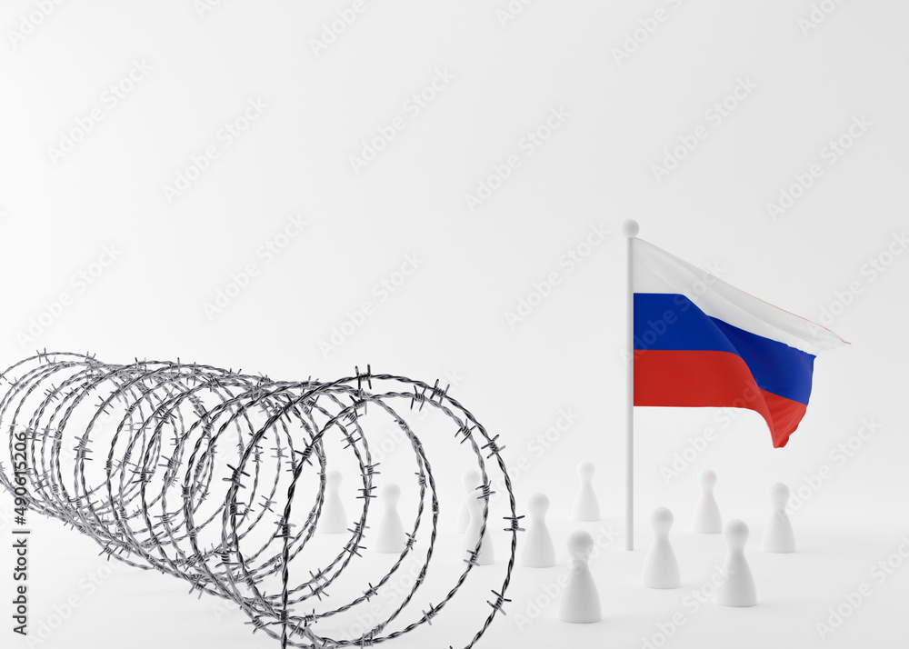 Russian flag and people figures behind barbed fence. Russia's isolation ...