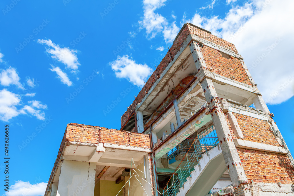 Devastated building . Destroyed architecture , the collapse of the ...