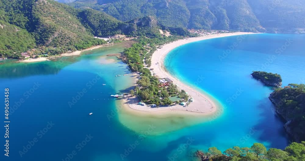 aerial drone footage of famous tourism place blue lagoon oludeniz ...