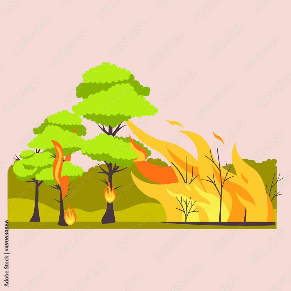 Forest fires. Burning wood plants in fire and smoke, natural disaster ...