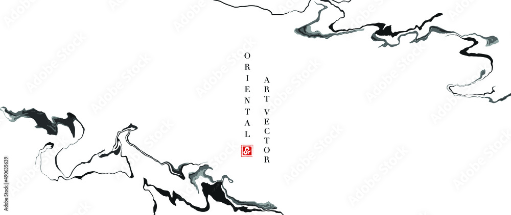 Abstract black ink painting on white background in traditional Japanese ...