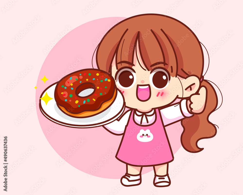 Cute girl holding donut bakery sweet food logo cartoon hand draw character vector art ...
