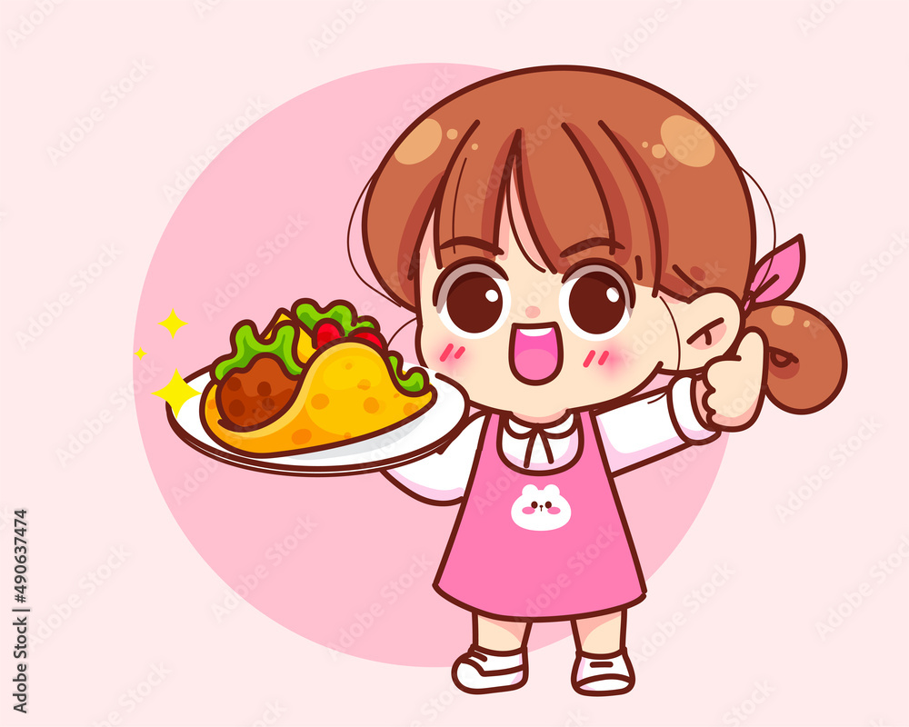 Cute girl holding taco mexican fast food logo cartoon hand draw ...