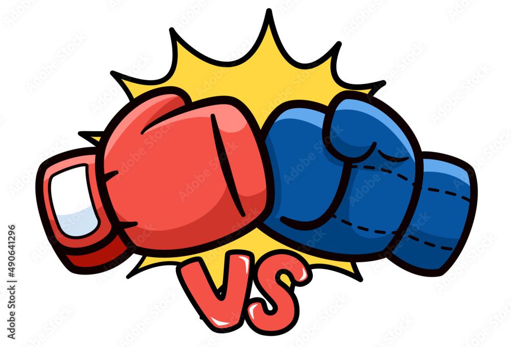 Blue vs Red boxing gloves fight logo on white background. Flat cartoon ...