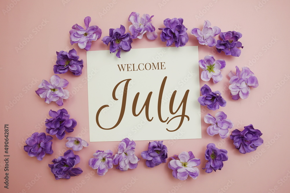 Welcome July card typography text with flower bouquet on pink ...