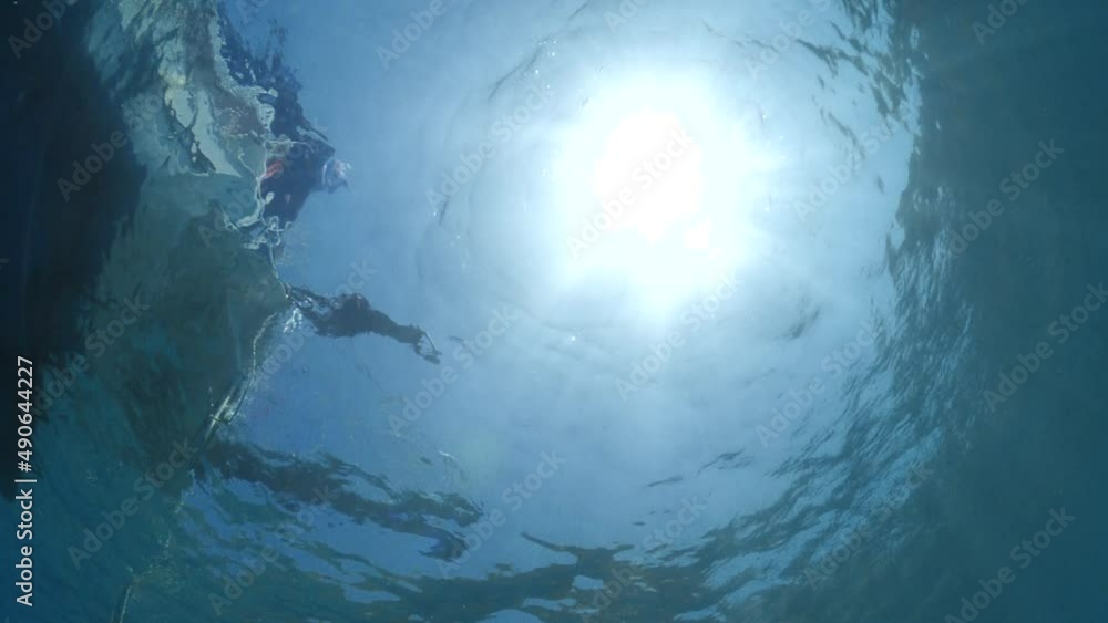 diver jumping in the water from boat underwater diving scenery slow ...