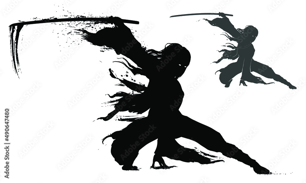 A beautiful samurai woman in an epic pose of a low stance with a katana ...