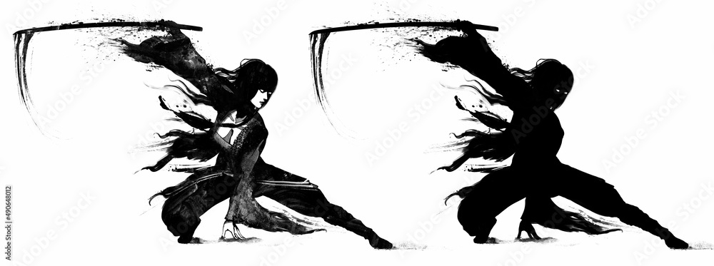 A beautiful samurai woman in an epic pose of a low stance with a katana ...