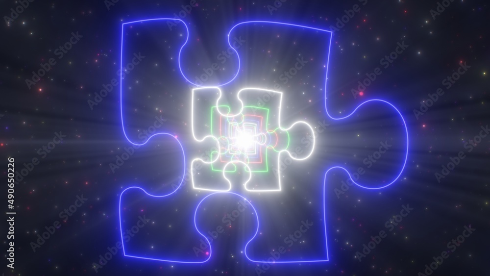 Jigsaw Puzzle Piece Shape Outline Glowing Neon Light Tunnel Particles ...