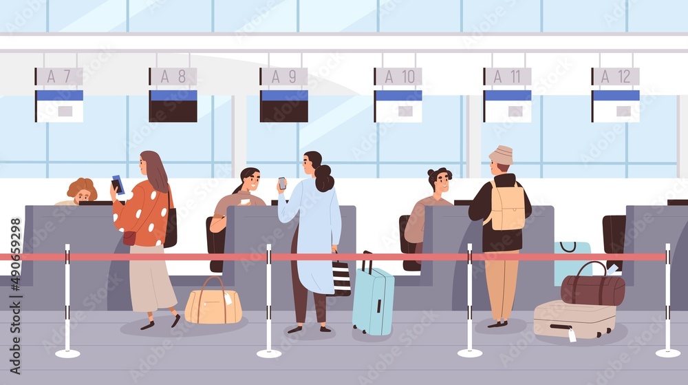 People at airport check-in counters. Passengers at terminal desks ...