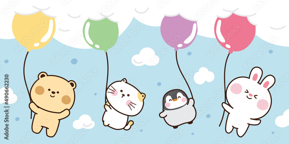 Animal holding colorful balloon on blue sky background.Cute cartoon ...