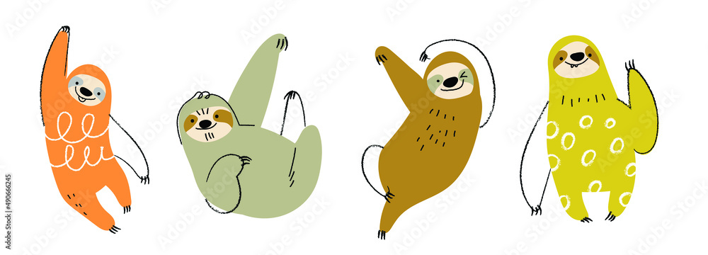 Set of cute sloth vector. Lovely wildlife and friendly sloth doodle ...