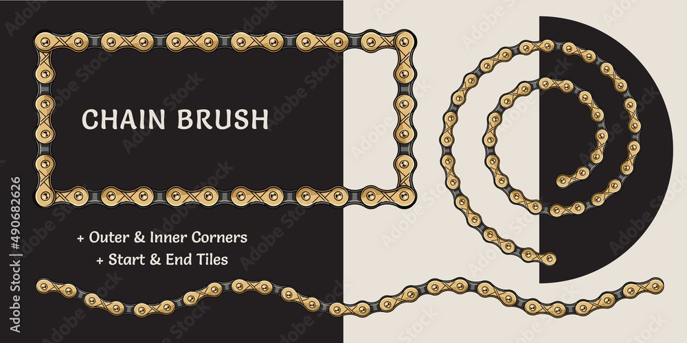 Bike chain pattern brush with corners, end and start tiles. Gold color ...