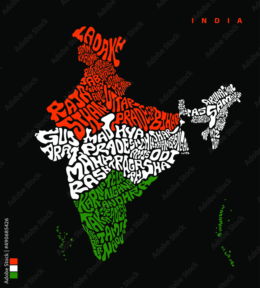 INDIA Map with all Indian states name lettering along with Indian color ...