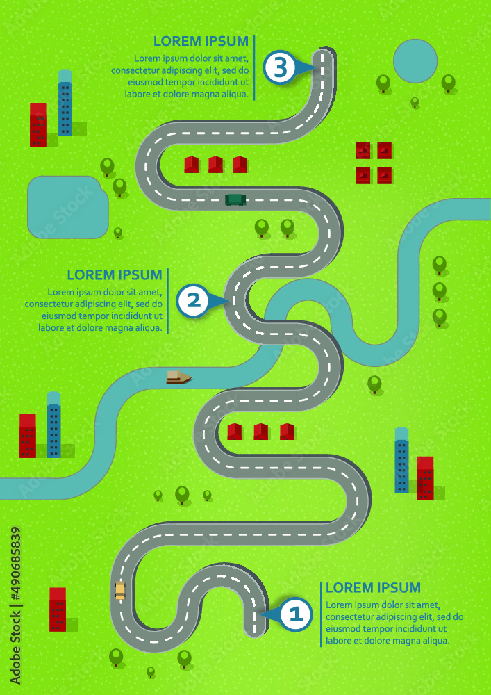 Business workflow roadmap, infographic flat lay style, in A4 portrait ...