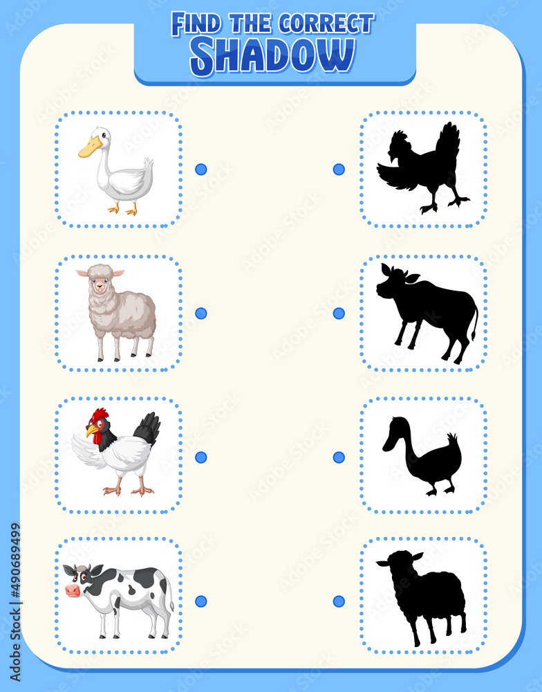 Matching Farm animal shadow worksheet Stock Vector | Adobe Stock
