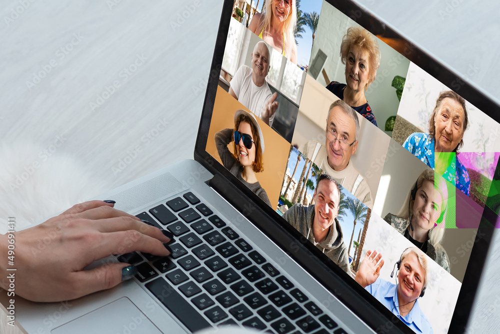 Online remote learning. Teacher with computer having video conference ...
