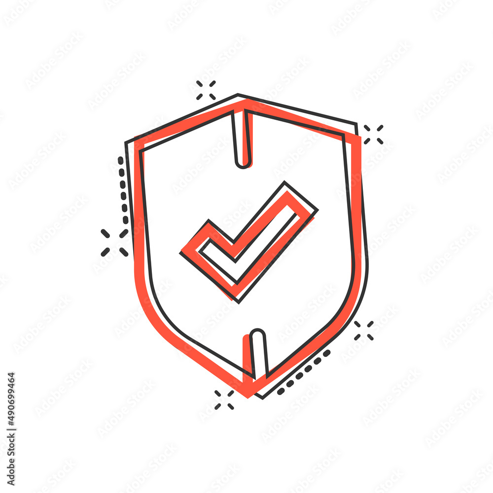 Shield with check mark icon in comic style. Protect cartoon vector ...