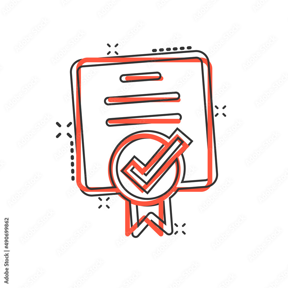 Approve certificate icon in comic style. Document check mark cartoon ...