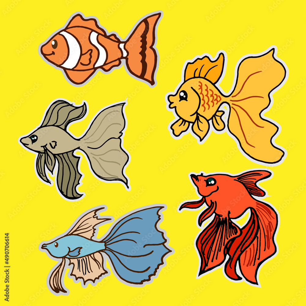 set of aquarium fish illustration on yellow background. hand drawn ...