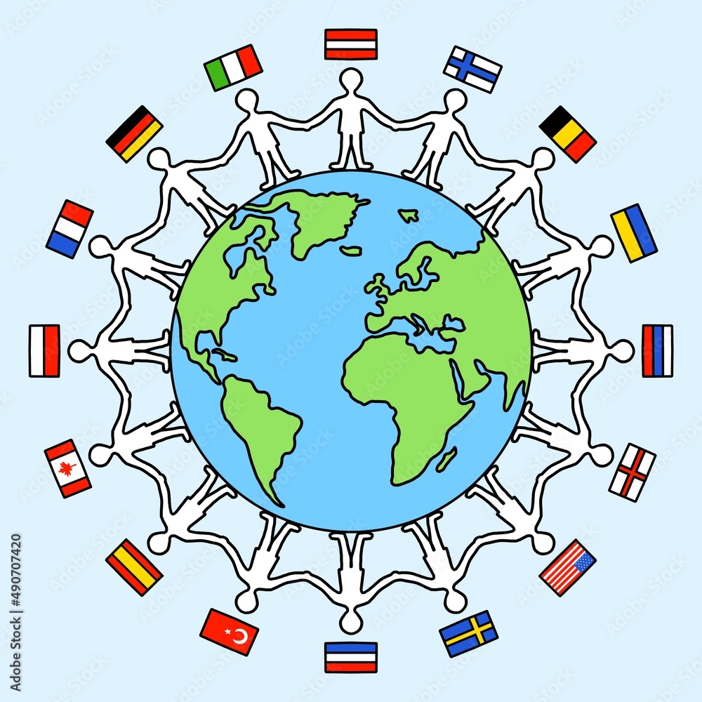 World globe with different people at peace. Nationalities and countries ...