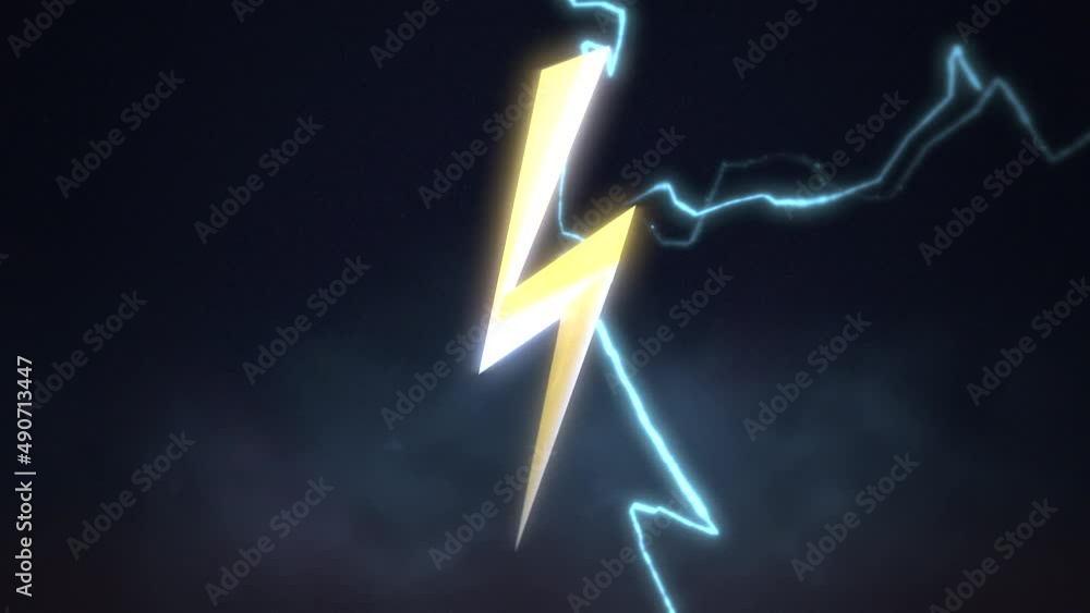 Yellow thunderbolt in sky in 80s style, motion abstract cyber ...