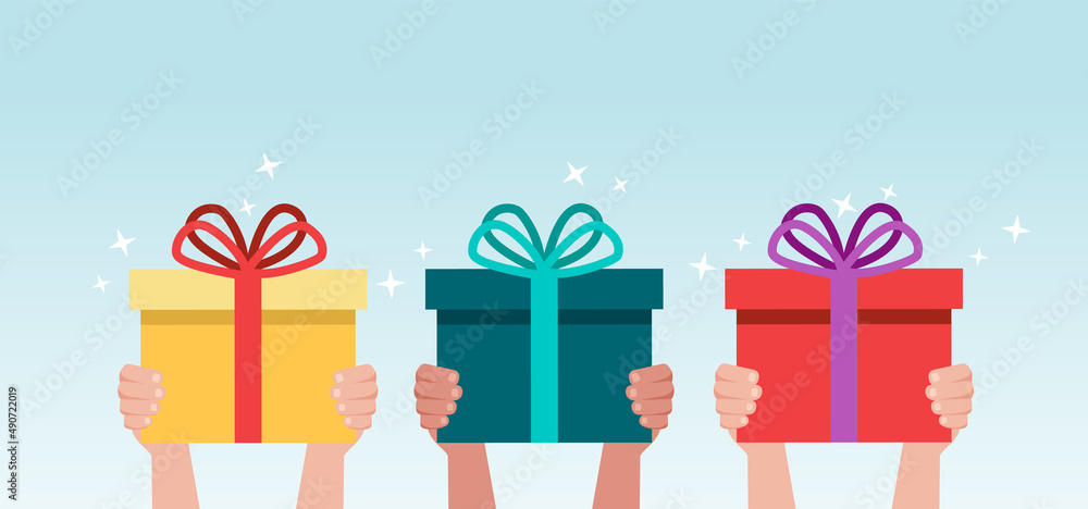 Hand giving gift box cartoon vector illustration. Hand holding surprise ...