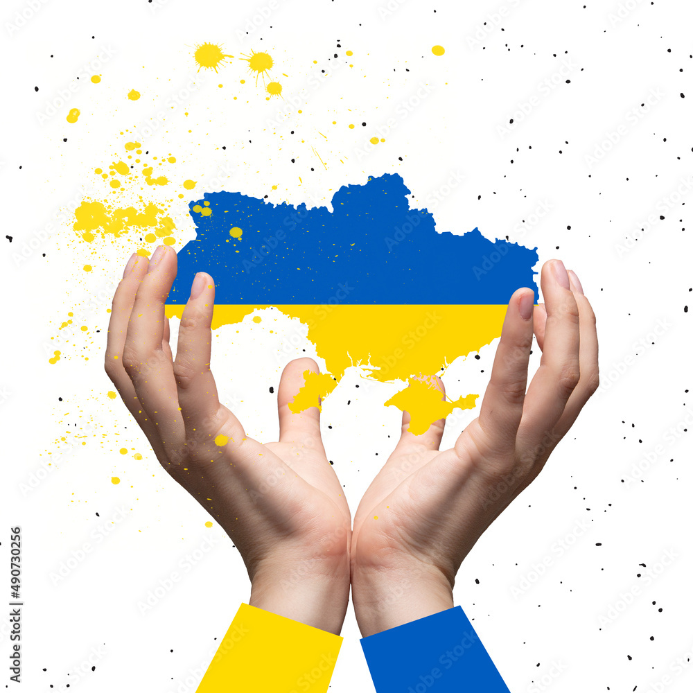 Contemporary art collage, modern design. Human hands holding blue ...