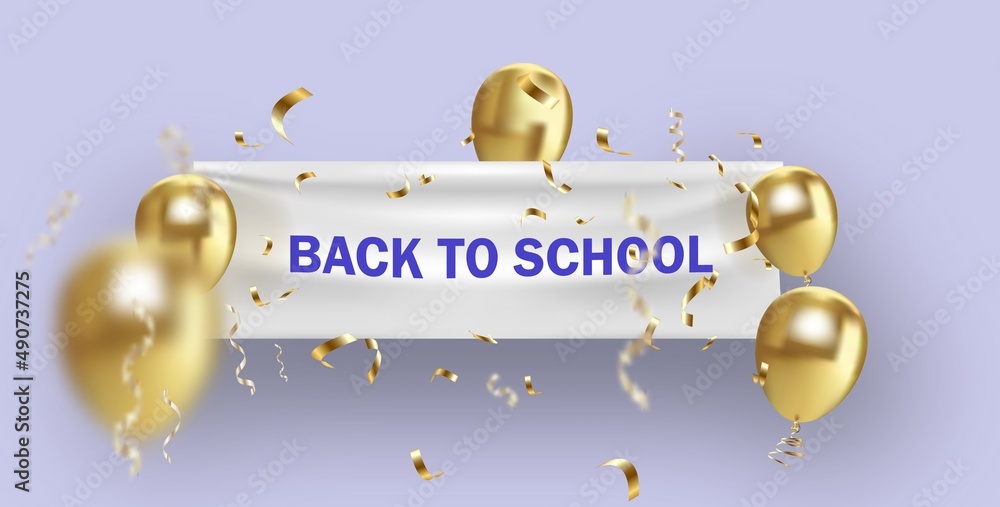 Back to school, banner with confetti, gold balloons. Stock Illustration ...
