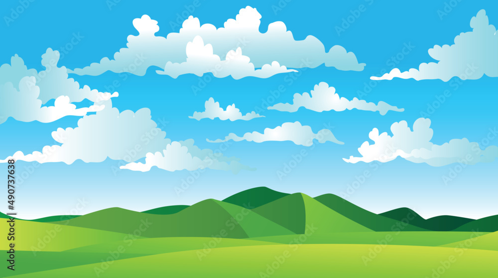 Cartoon flat panorama of spring summer beautiful nature, green ...