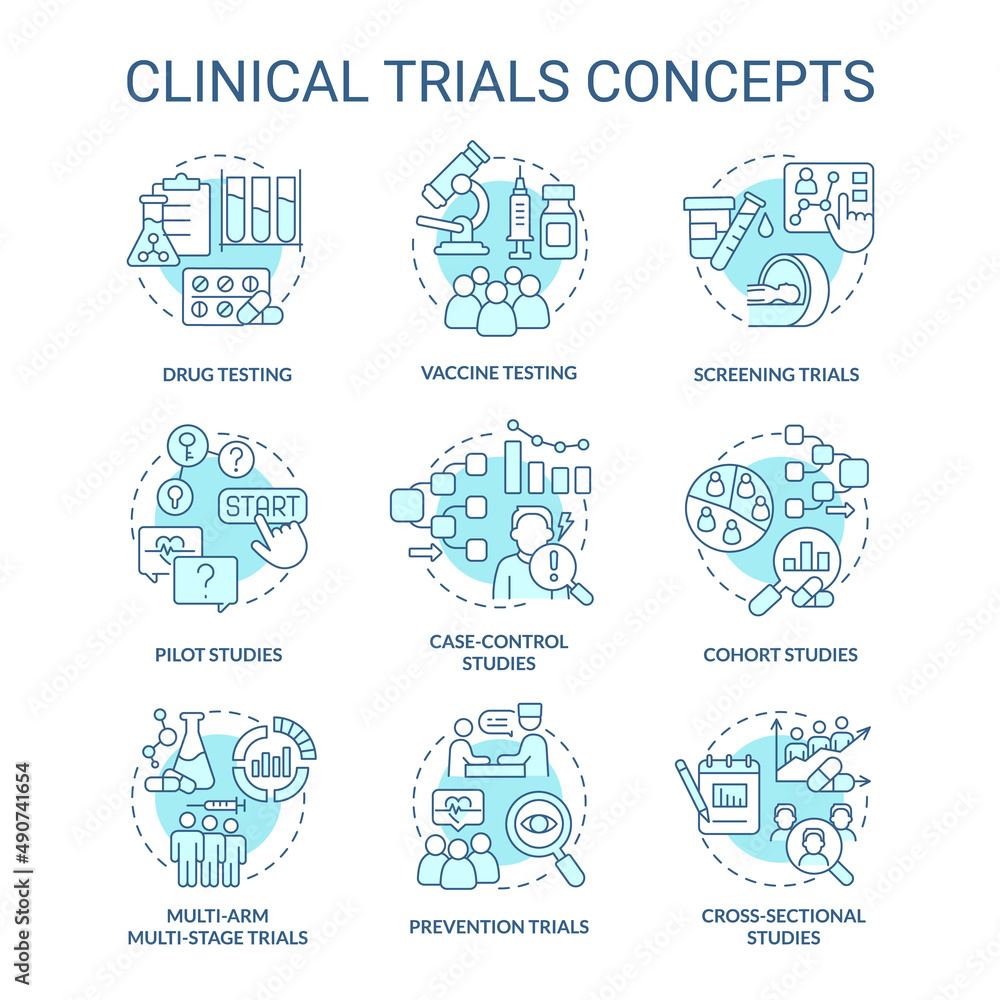 Clinical trials turquoise concept icons set. Healthcare study. Science ...