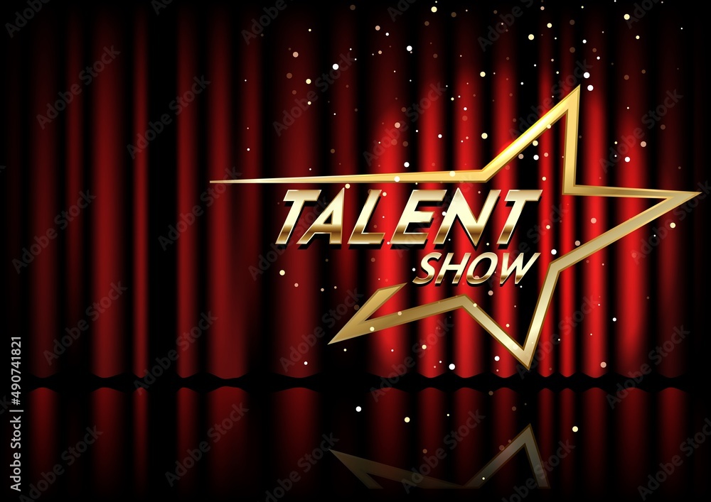Golden talent show text in the star over red curtain. Event invitation ...