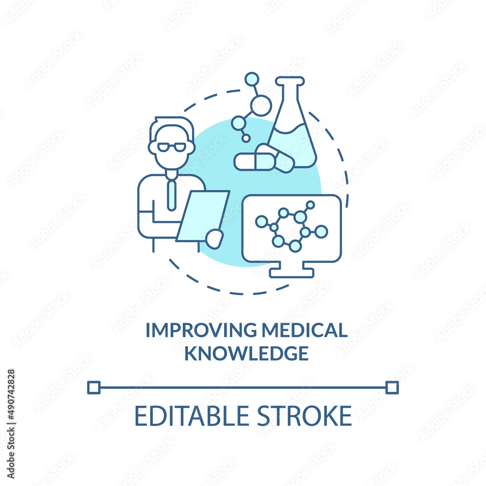 Improving medical knowledge turquoise concept icon. Clinical studies ...