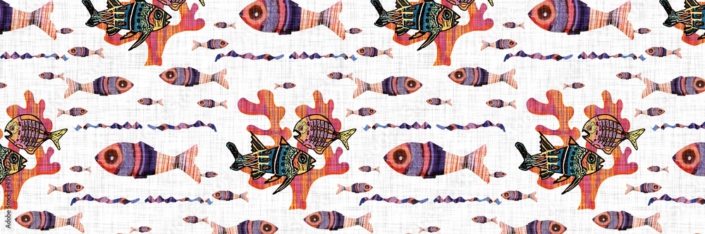 Colorful coastal seamless border with cute tropical fishes. Childish ...