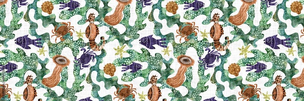 Colorful coastal seamless border with cute tropical fishes. Childish ...