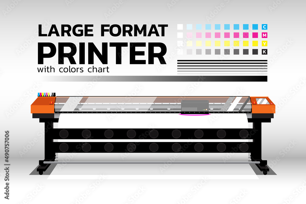 Orange color Large format UV Printer with CMYK colors chart. Industrial ...
