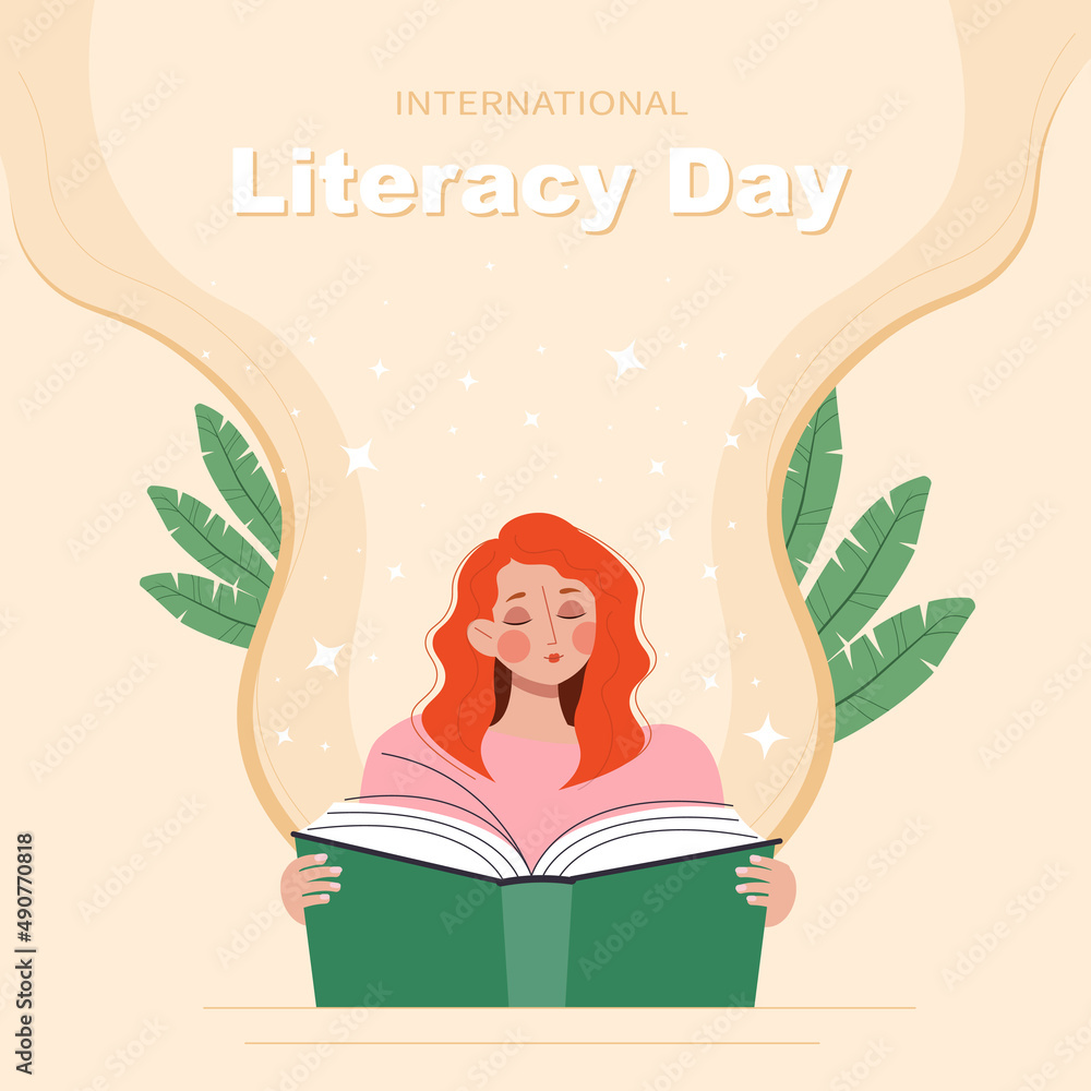 International Literacy Day vector illustration poster. Woman reading a ...