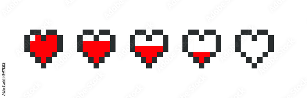 Pixel game life bar. Vector art 8 bit health heart bar. Gaming ...