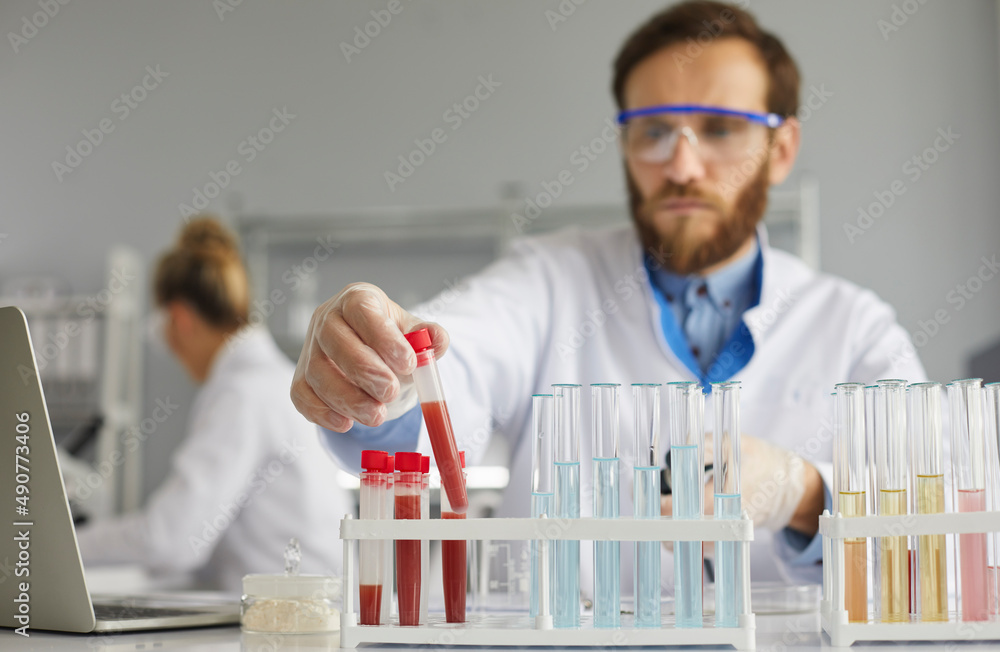 Preparation of blood samples in test tubes for medical examination in a ...