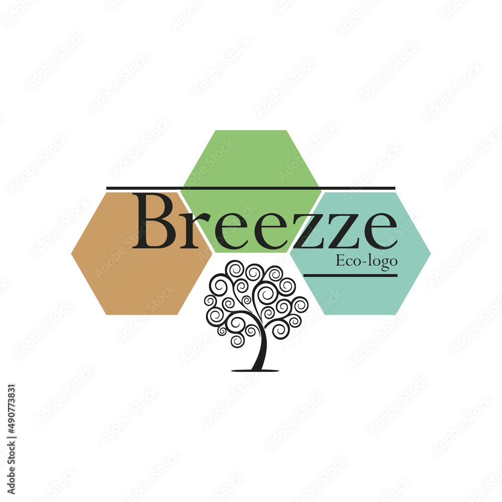 Eco-logo. Logo on the theme of ecology with a tree. Sky, grass and ...