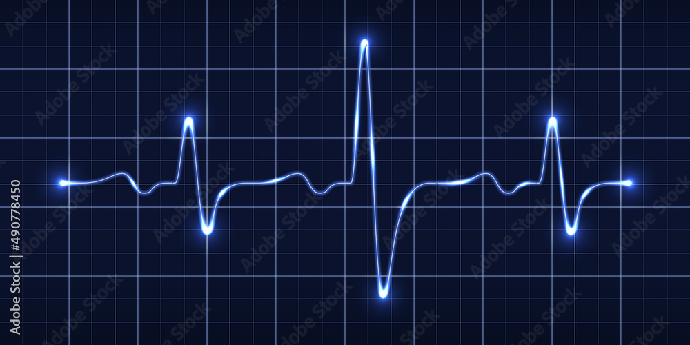Heart beat pulse monitor; blue electric wave signal; oscilloscope graph ...