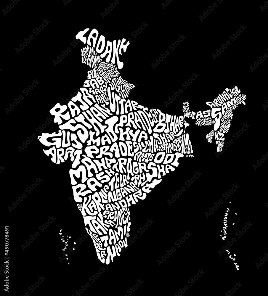 India map with all india states typography names art. India map art ...