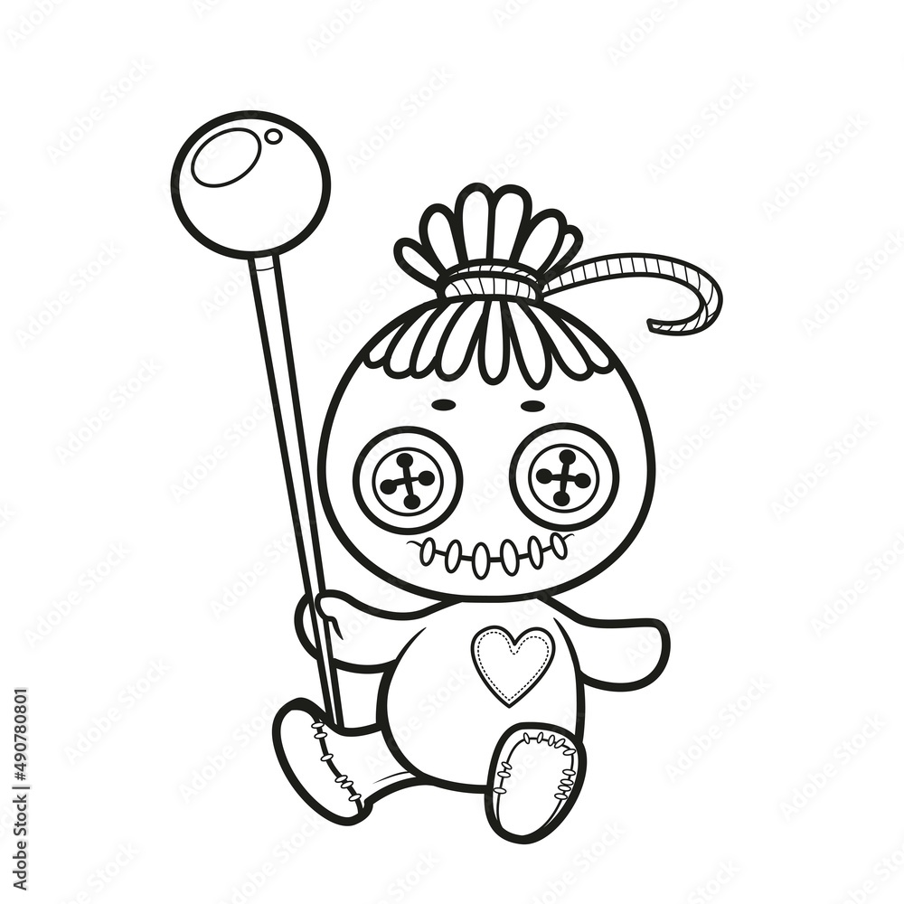 Voodoo doll with a pin sits on the surface outlined for coloring page ...